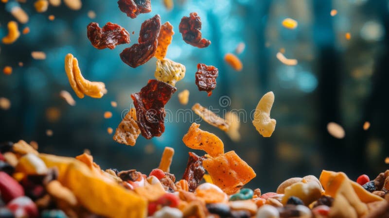Colorful Snack Mix Falling Against a Dark Background Stock Illustration ...