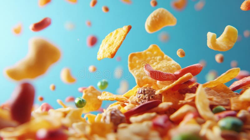 Colorful Snack Mix Falling on Blue Background Stock Illustration ...