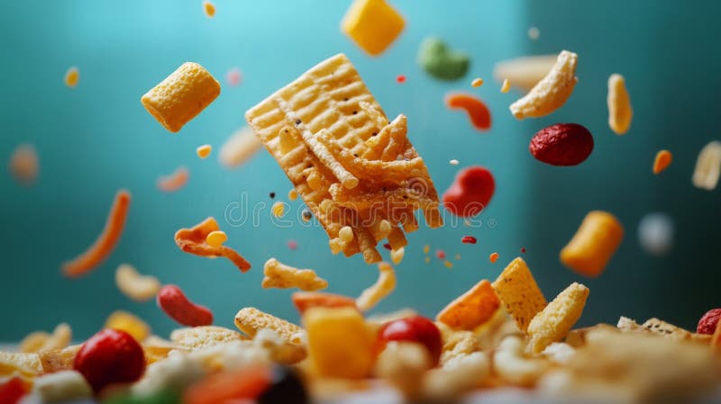 Colorful Snack Mix in Motion Against Teal Background Stock Illustration ...