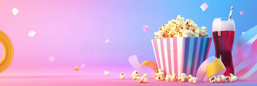 Colorful Snacks on Display with Striped Popcorn Box and Refreshing ...