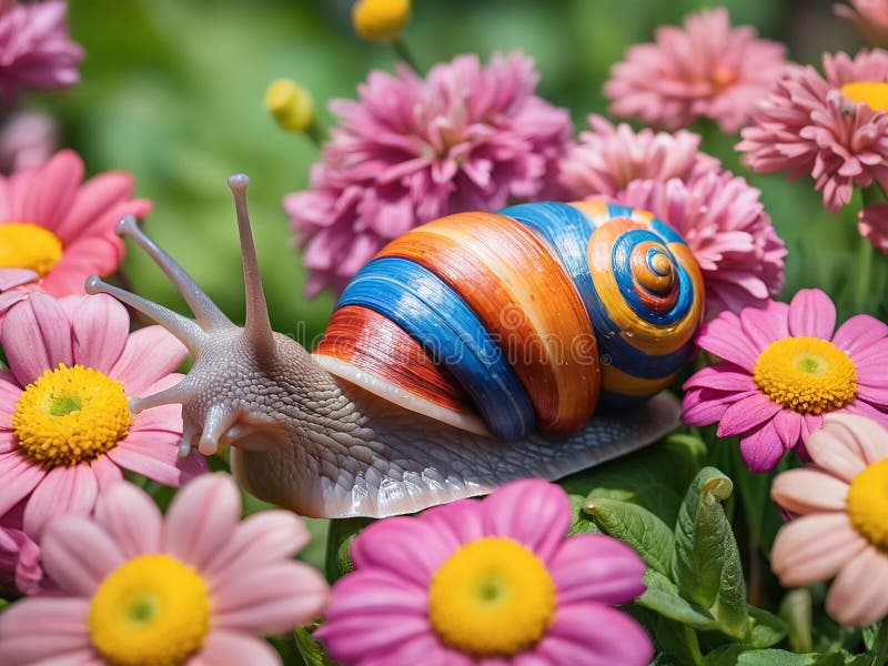 Colorful Snail in Flowers - Generated by Ai Stock Illustration ...