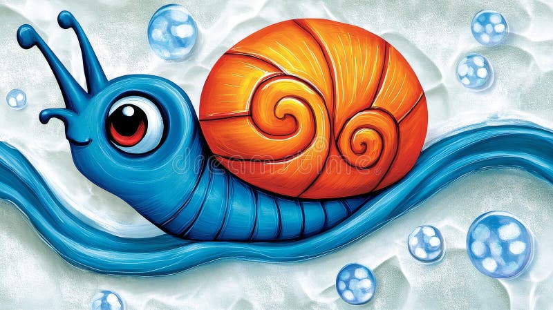 Colorful Snail with Orange Shell and Blue Swirl Trail Amid Floating ...