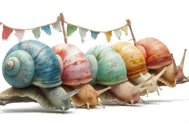 Colorful Snails in a Festive Parade Stock Illustration - Illustration ...