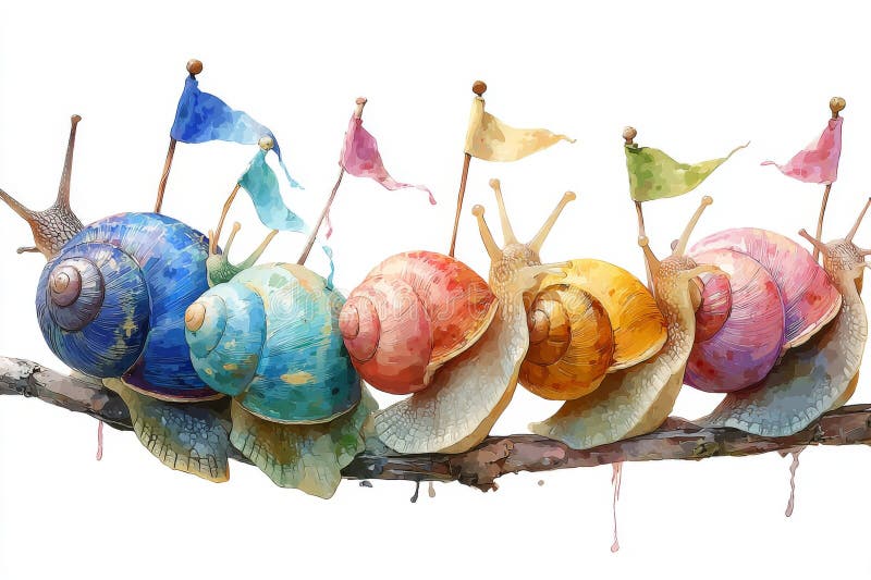 Colorful Snails in a Festive Parade on Branch Stock Illustration ...