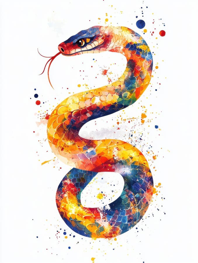 Colorful Snake Slithering with Paint Splatter Effect on White ...