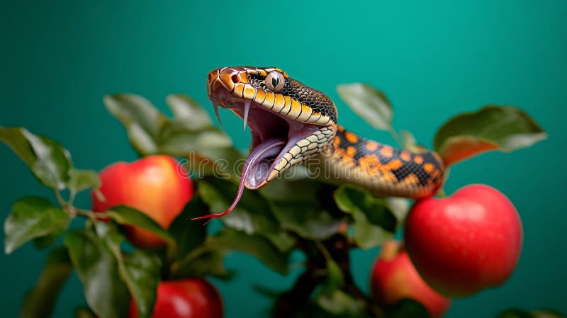A Vibrant Snake Perched among Bright Red Apples in a Botanical Setting ...