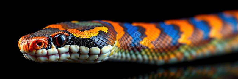 Colorful Snake with Vibrant Patterns Resting on a Reflective Surface in ...