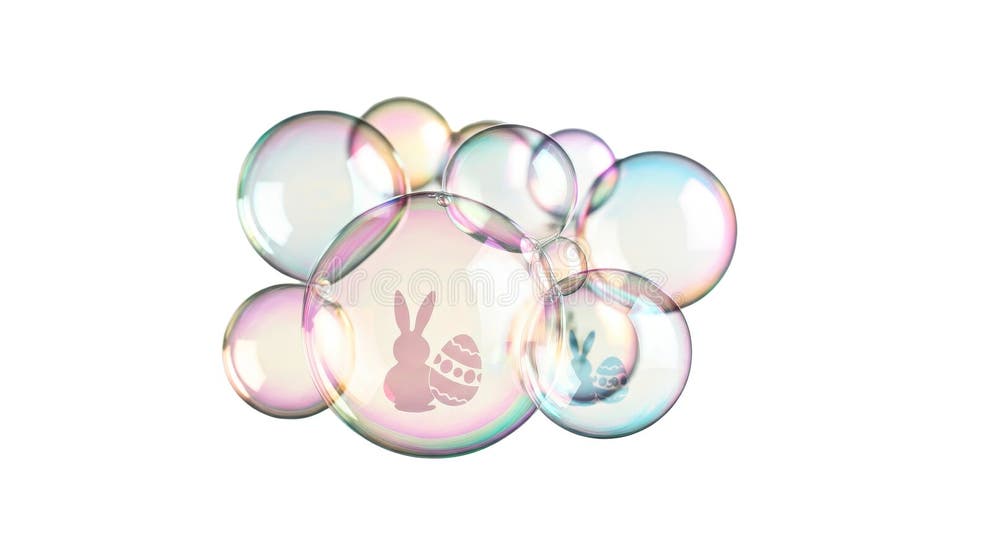 Colorful Soap Bubbles with Easter Bunny and Egg Reflections on White ...