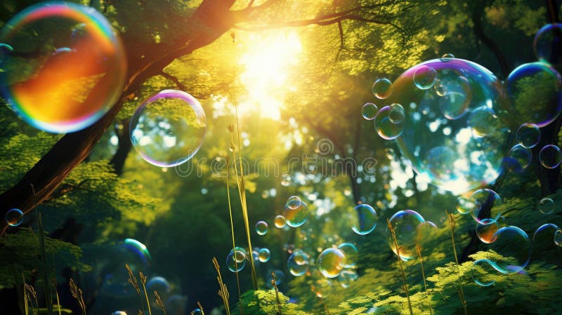 Colorful Soap Bubbles Float Gracefully Amid Lush Greenery, with ...