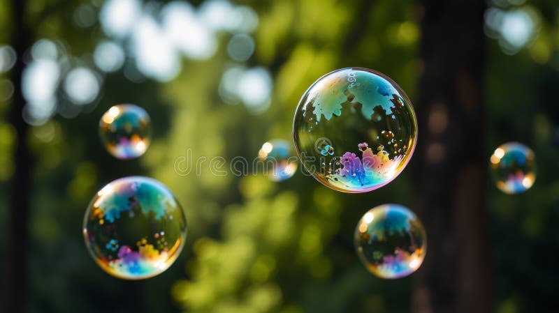 Colorful Soap Bubbles Floating in the Air in a Green Forest Stock Photo ...