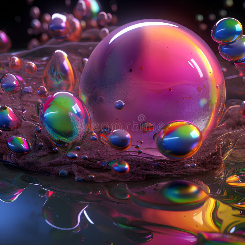 Colorful Soap Bubbles with Reflection on Water Surface. 3d Illustration ...
