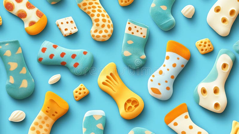 Colorful Sock-shaped and Cheese-shaped Snacks on Blue Background Stock ...