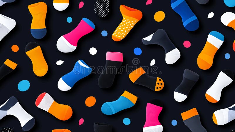 Colorful Socks in Various Patterns and Styles are Scattered Across Dark ...