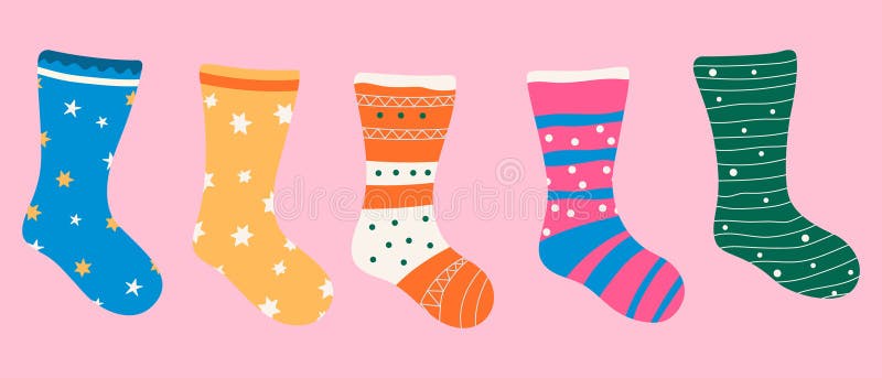 Colorful Socks with Whimsical Patterns and Textures. Vector Graphics ...