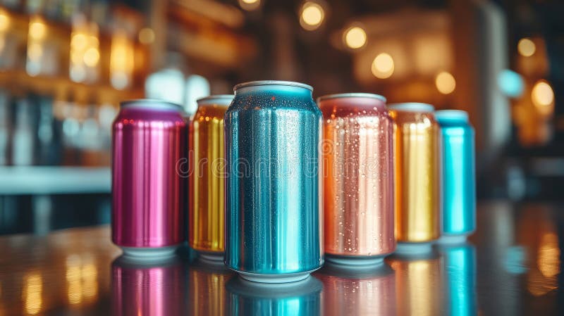 Colorful Soda Cans on a Bar Counter with a Blurred Background. Stock ...