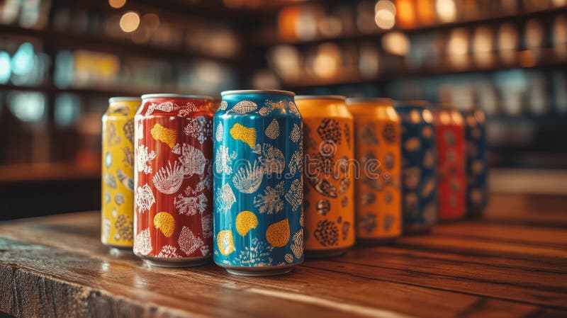 Colorful Soda Cans Lined Up on a Wooden Table. Stock Photo - Image of ...