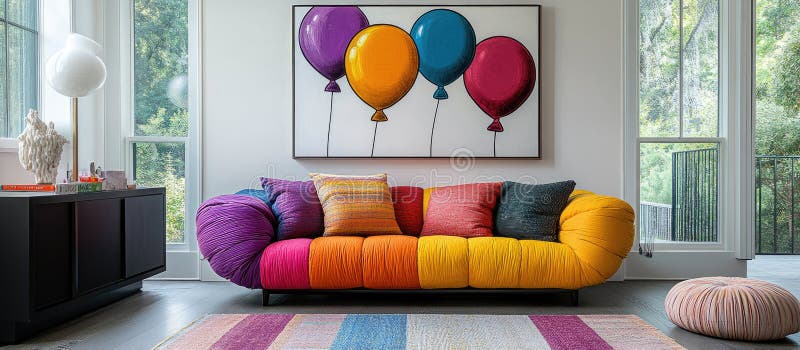 "COLORFUL SOFA with BALLOON ART in a MODERN LIVING ROOM" Stock ...
