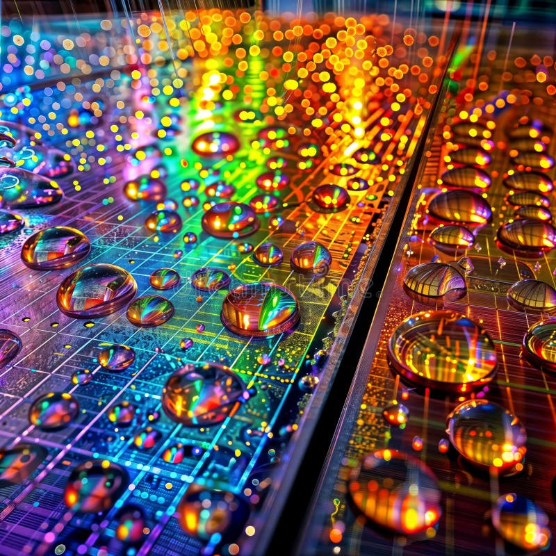 Vibrant Water Droplets on Solar Panels Reflecting Colors, Generative Ai ...