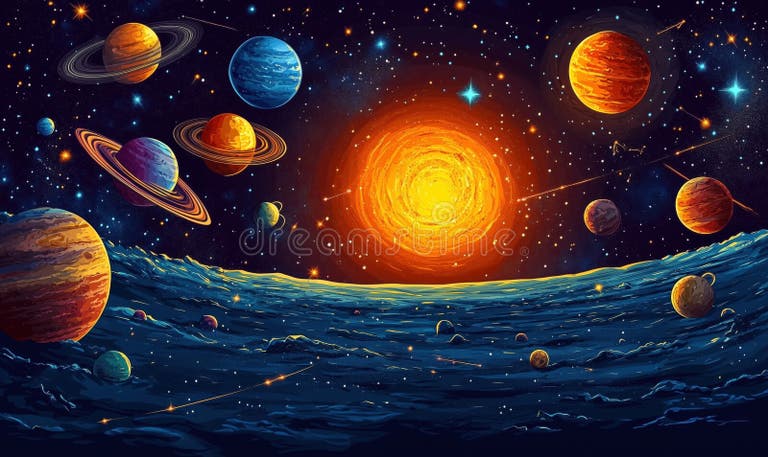 Colorful Solar System Illustration Featuring Planets and Sun in Space ...