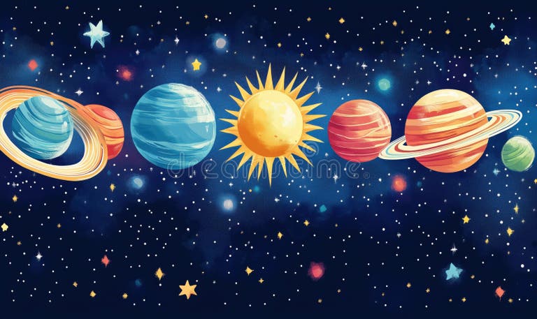 Colorful Solar System Illustration Featuring Planets and Sun in Starry ...