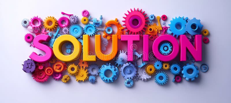 Colorful SOLUTION Word Made of Mechanical Gears on White Background ...