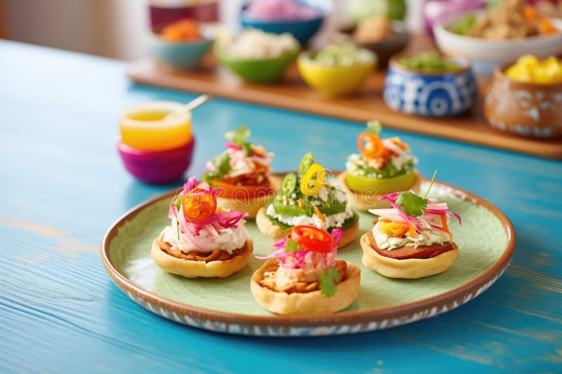 Colorful Sopes Platter with Various Toppings on Table Stock Photo ...