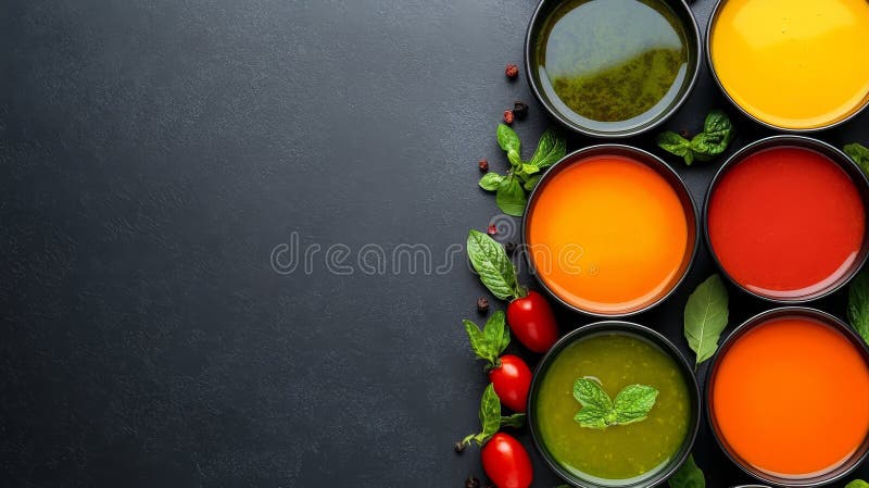 Colorful Soup Assortment in Bowls with Fresh Herbs Stock Illustration ...