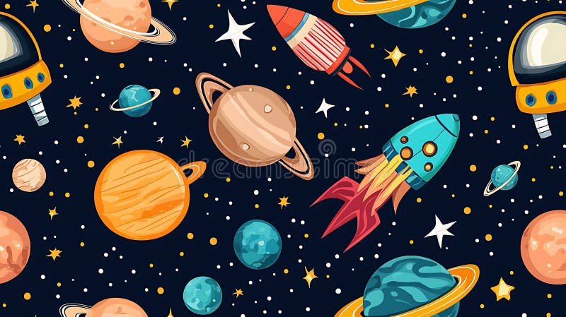 Colorful Space Pattern Featuring Planets, Rockets, and Stars, Creating ...