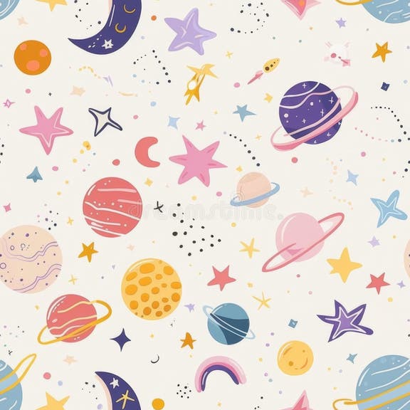 Colorful Space Pattern with Planets, Stars, and Cosmic Elements Stock ...