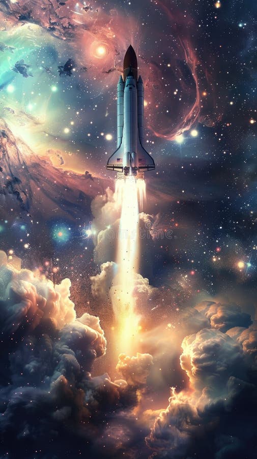 A Colorful Space Shuttle is Flying through a Sky Full of Clouds and ...