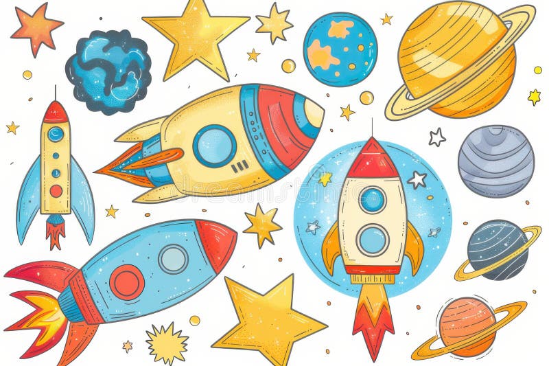 Colorful Space-themed Illustration Featuring Rockets, Planets ...