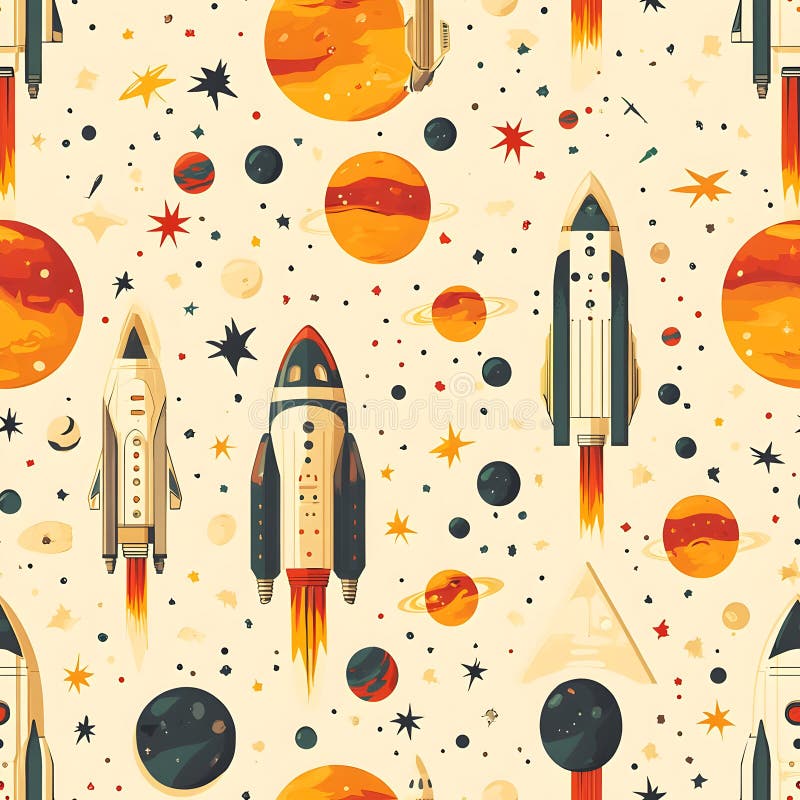 Colorful Space-themed Pattern Featuring Rockets, Planets, and Stars ...