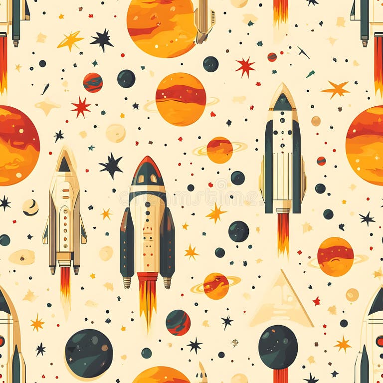 Colorful Space-themed Pattern Featuring Rockets, Planets, and Stars ...