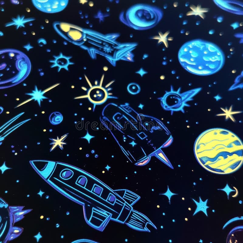 Colorful Space Themed Stickers Featuring Rockets and Planets on a Dark ...