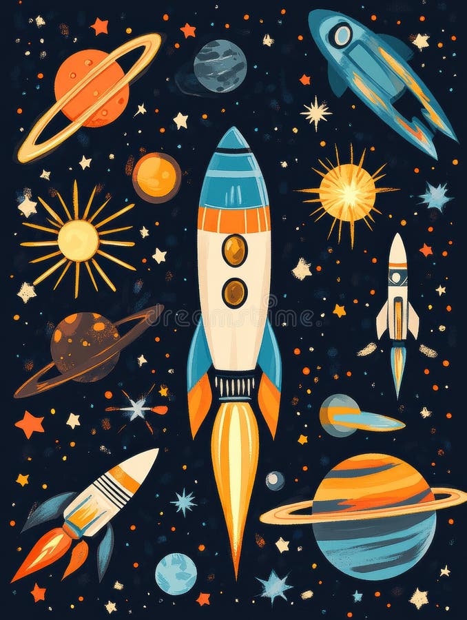 Colorful Space Themed Stickers Featuring Rockets and Planets Suitable ...