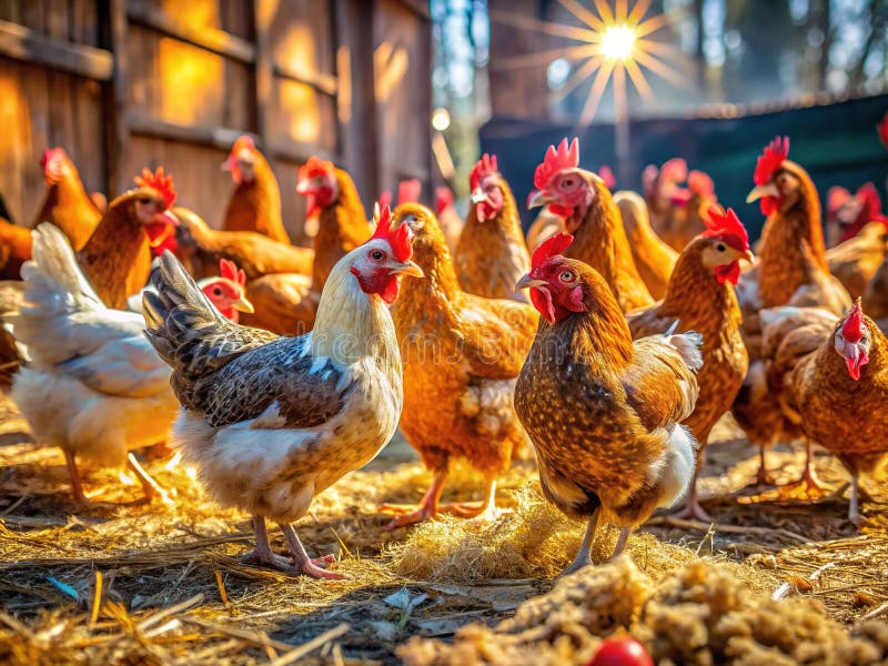 Colorful Speckled Chickens Foraging for Grain in a Rustic Farm Setting ...