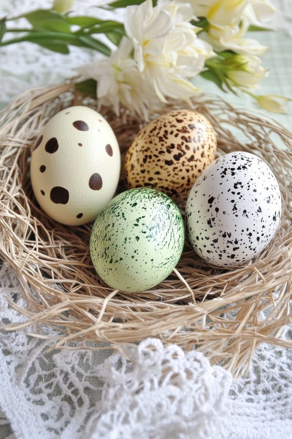 Colorful Speckled Eggs in Nest with Flowers. Easter and Spring Theme ...