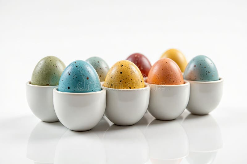 Colorful Speckled Eggs are Presented Inside Small White Egg Cups Stock ...
