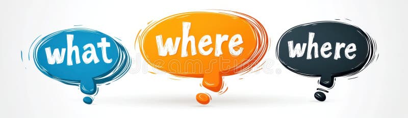 Colorful Speech Bubbles Featuring the Questions What, Where, and Why in ...