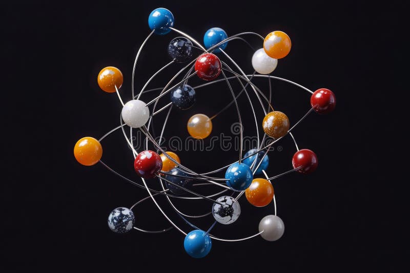 Colorful Spheres Connected by Wire in a Complex Pattern Against a Black ...