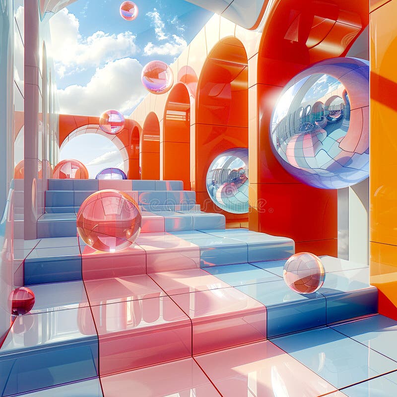 Colorful Spheres Float in a Bright, Abstract Hall Filled with Modern ...