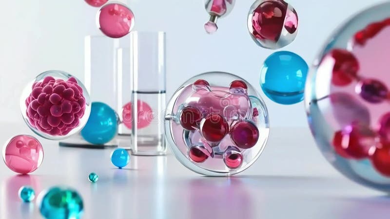 Colorful Spheres Float in Glass Containers on a White Surface Stock ...