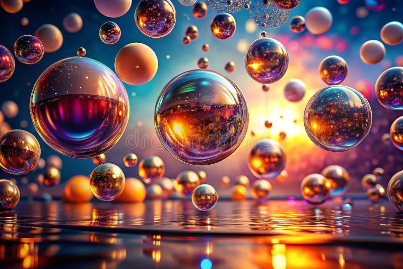 Colorful Spheres Float Over Water, Sunset Reflection Background Stock ...