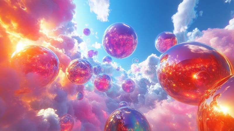 Colorful Spheres Floating Above Pastel Clouds Stock Illustration ...