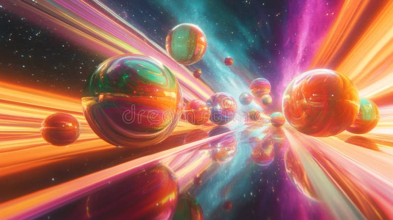 Colorful Spheres Floating through a Galactic Tunnel Stock Illustration ...