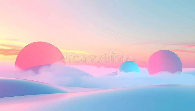 Colorful Spheres Floating Over a Pastel Dreamlike Landscape at Sunset ...