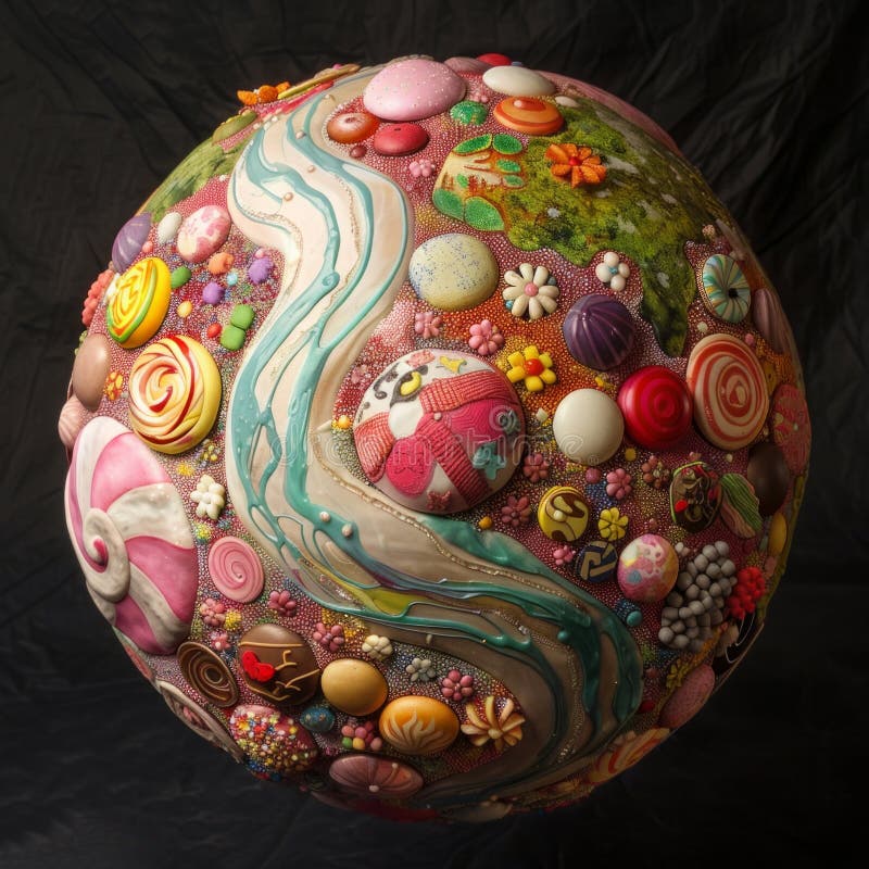 Colorful Spherical Art with Whimsical Candy-like Objects and Playful ...