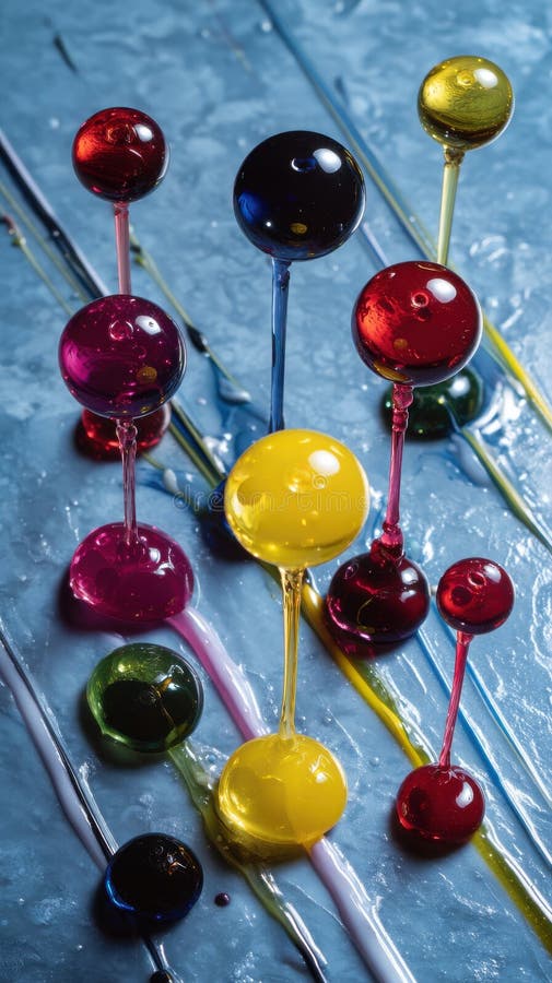 Colorful Spherical Candies with Flowing Liquid on a Textured Surface ...
