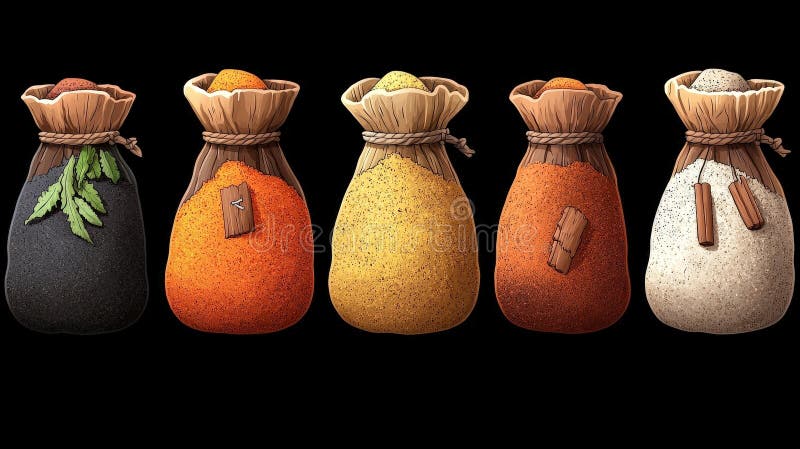 Colorful Spice Bags with Different Ingredients and Textures on a Black ...