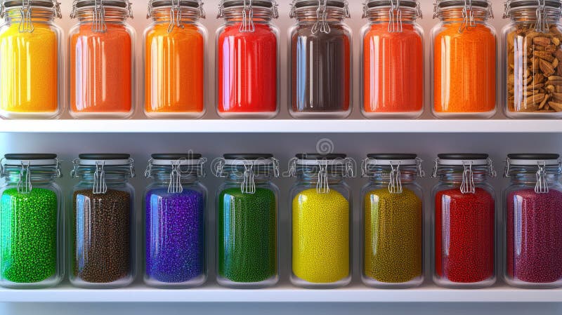 Colorful Spice Jar Collection Arranged on Shelves for Kitchen ...